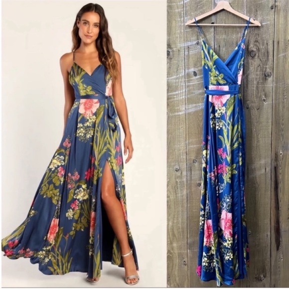 Lulus | Dresses | Blue Floral Still The One Satin Maxi Slip Dress ...